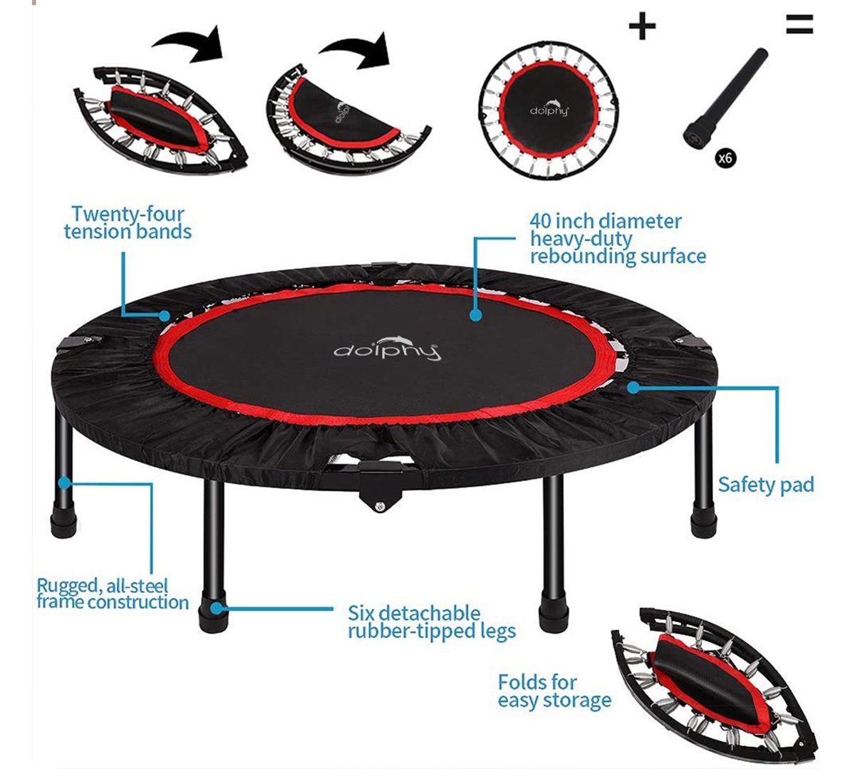 Dolphy Portable & Foldable Trampoline – 48″ in-Home Mini Rebounder with ...